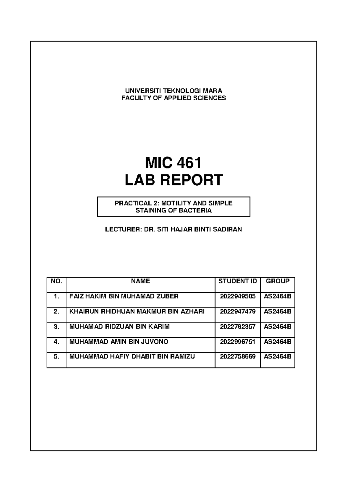 LAB Report MIC461 - Practical 2 - UNIVERSITI TEKNOLOGI MARA FACULTY OF ...