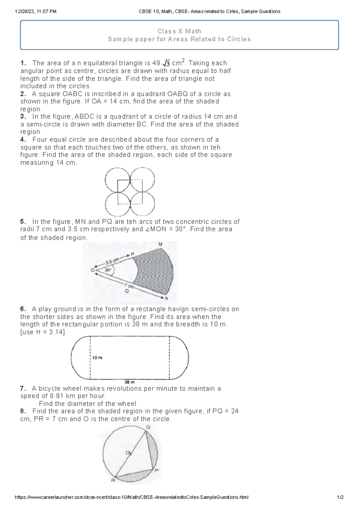 CBSE 10, Math, CBSE- Areas related to Cirles, Sample Questions - html 1 ...