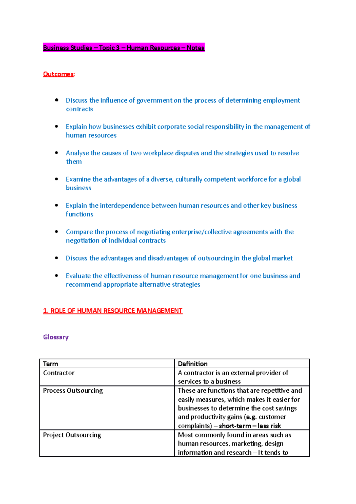 Business Studies – Topic 3 – Human Resources – Notes - Business Studies ...