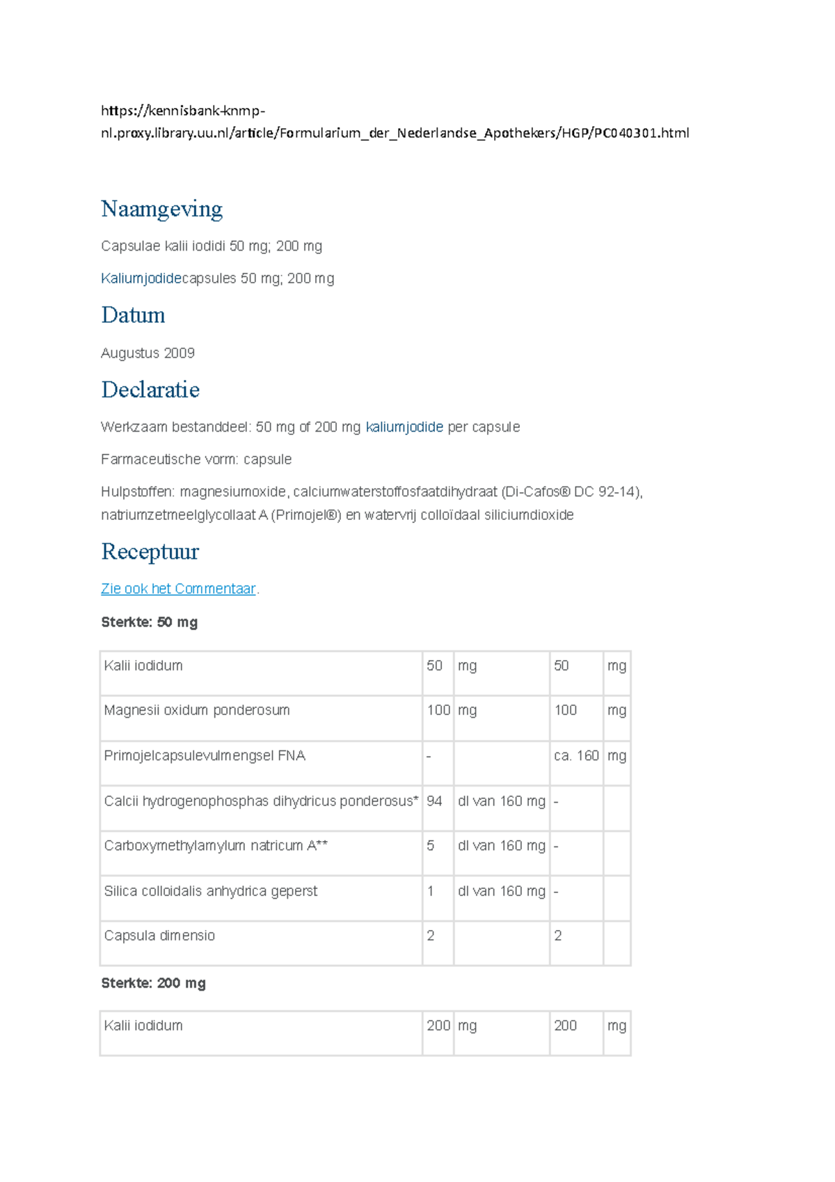 CBV kaliumjodide - Naamgeving Capsulae kalii iodidi 50 200 mg ...
