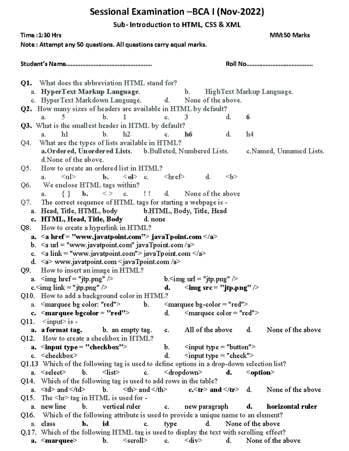 Html - Html notes - Sessional Examination –BCA I (Nov-2022) Sub ...