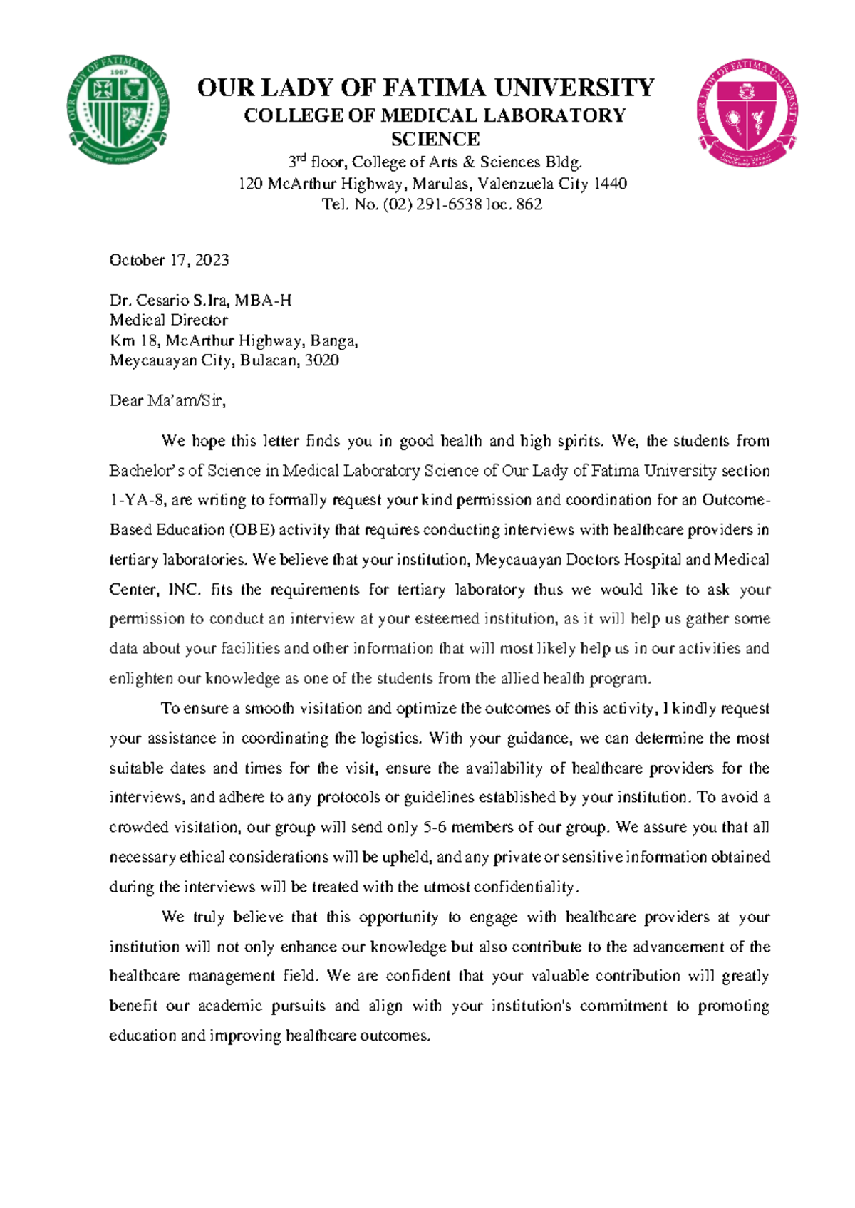 Tertiary letter final - Alt - OUR LADY OF FATIMA UNIVERSITY COLLEGE OF ...