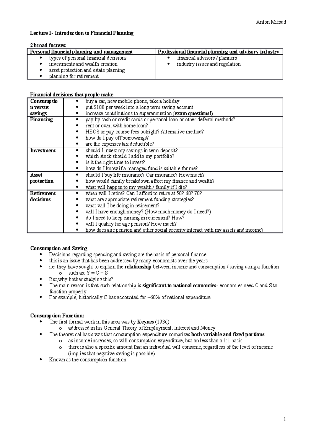 Lecture 1 Notes - Lecture 1- Introduction to Financial Planning 2 broad ...