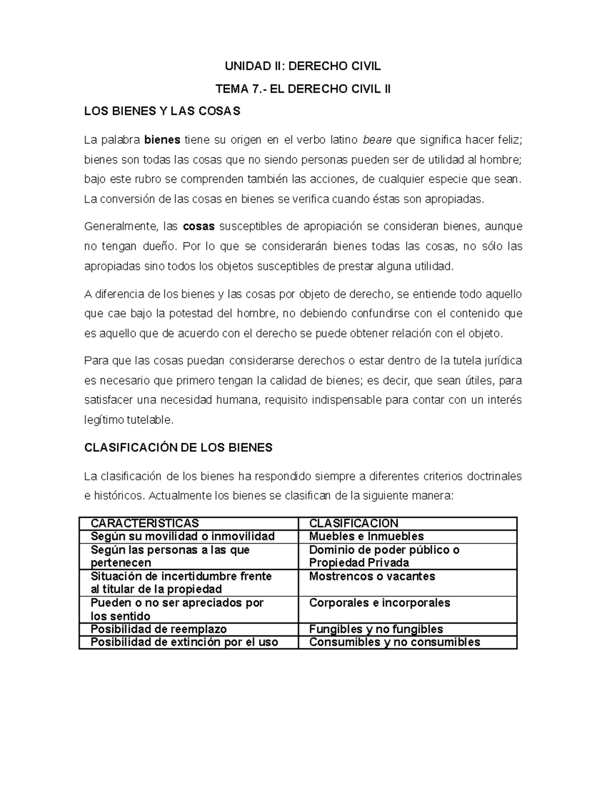 Derecho Civil II - UNIDAD II: DERECHO CIVIL TEMA 7.- EL DERECHO CIVIL II LOS BIENES Y LAS COSAS ...