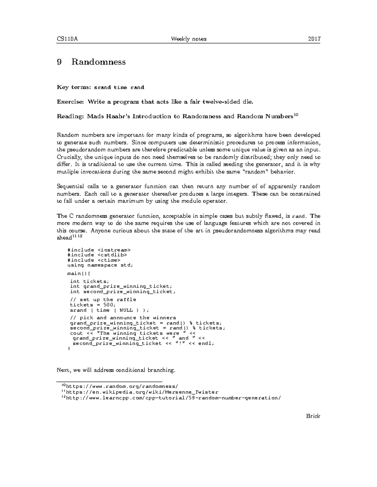 Weekly Notes - Randomness - 9 - CS110A 9 Weekly notes 2017 Randomness ...