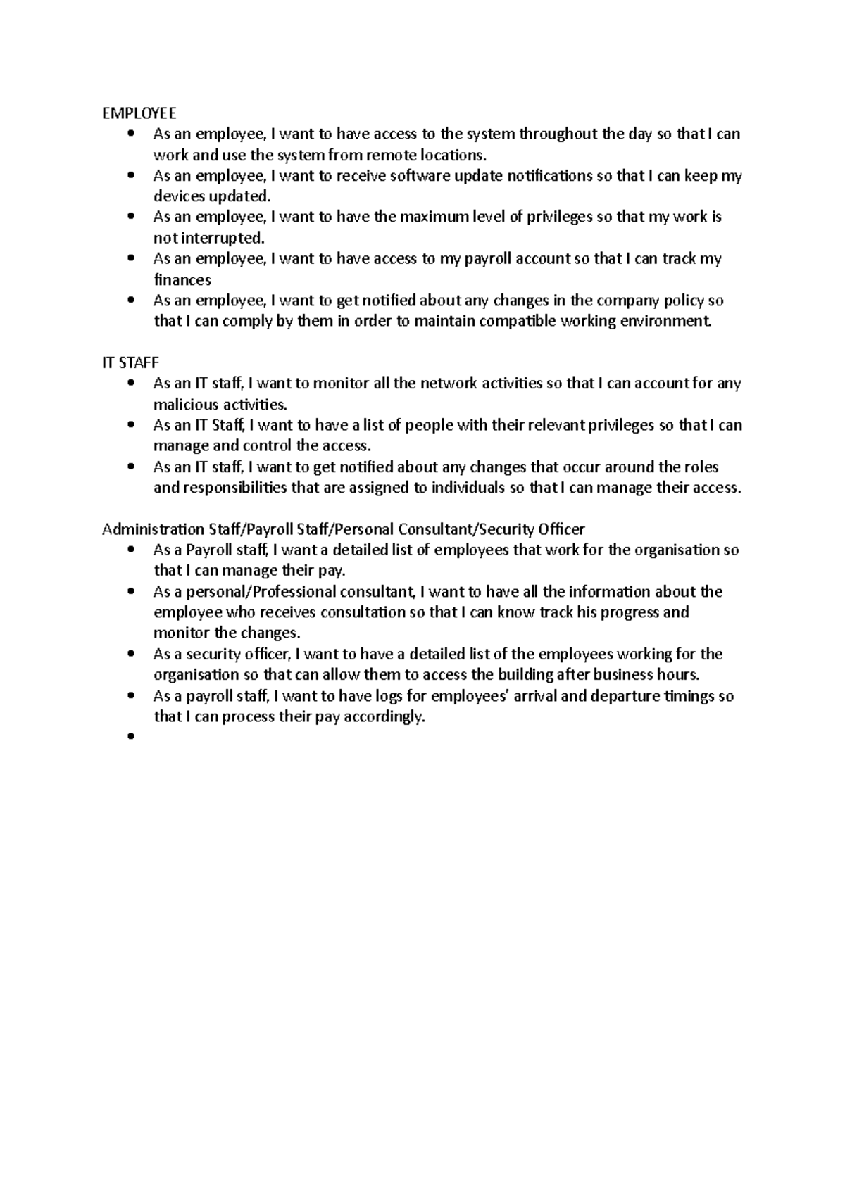 User Stories - EMPLOYEE As an employee, I want to have access to the ...