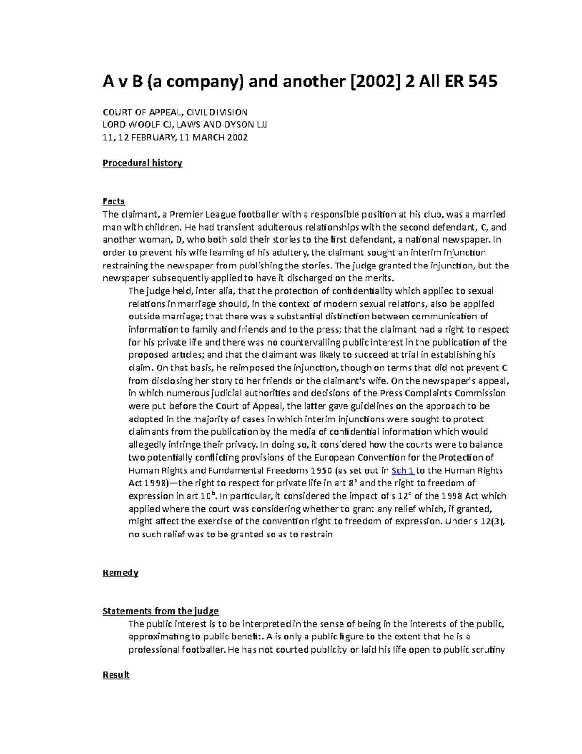 A v B CA - Case brief - A v B (a company) and another [2002] 2 All ER ...