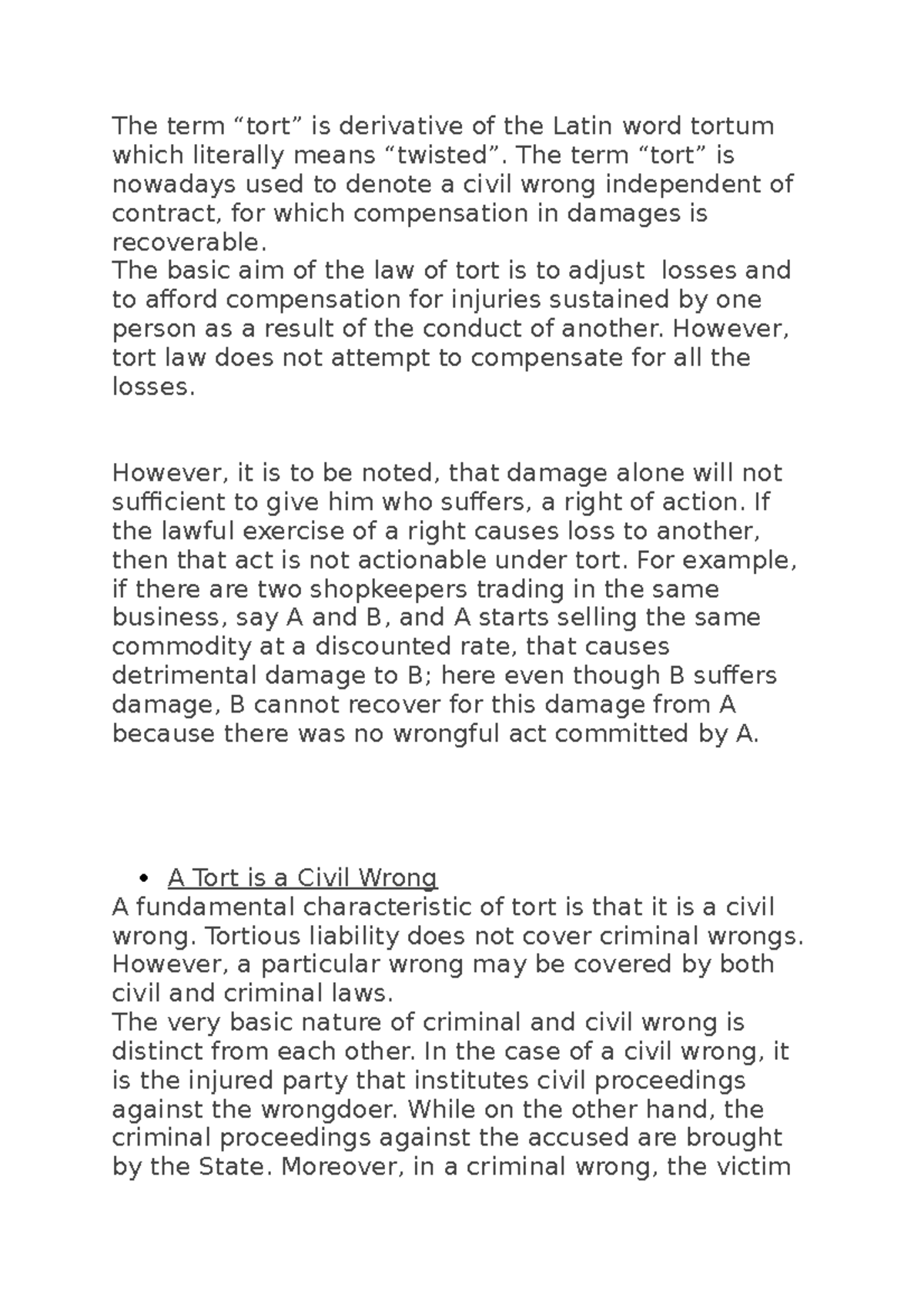 The term is the given - The term “tort” is derivative of the Latin word ...
