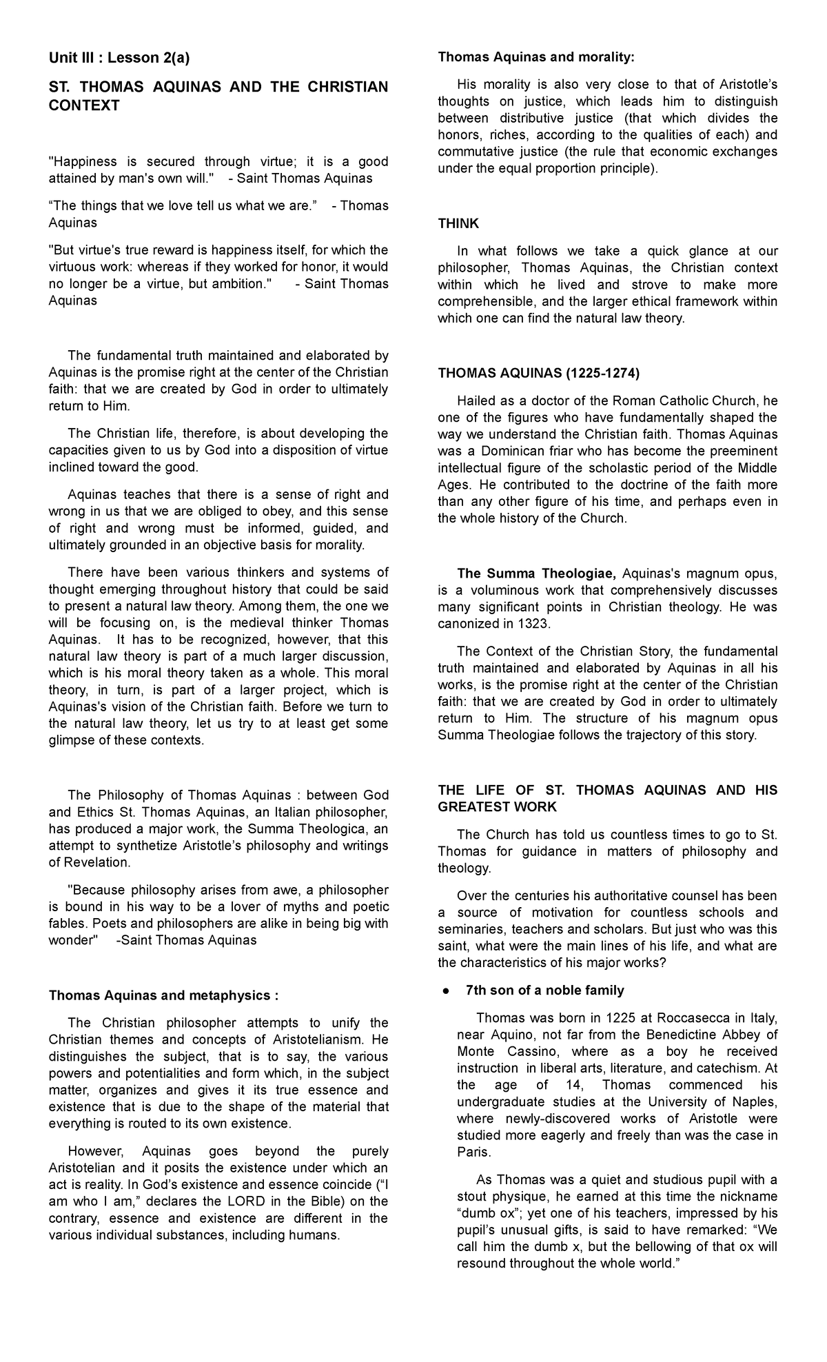Finals Ethics-1 - Unit III : Lesson 2(a) ST. THOMAS AQUINAS AND THE ...