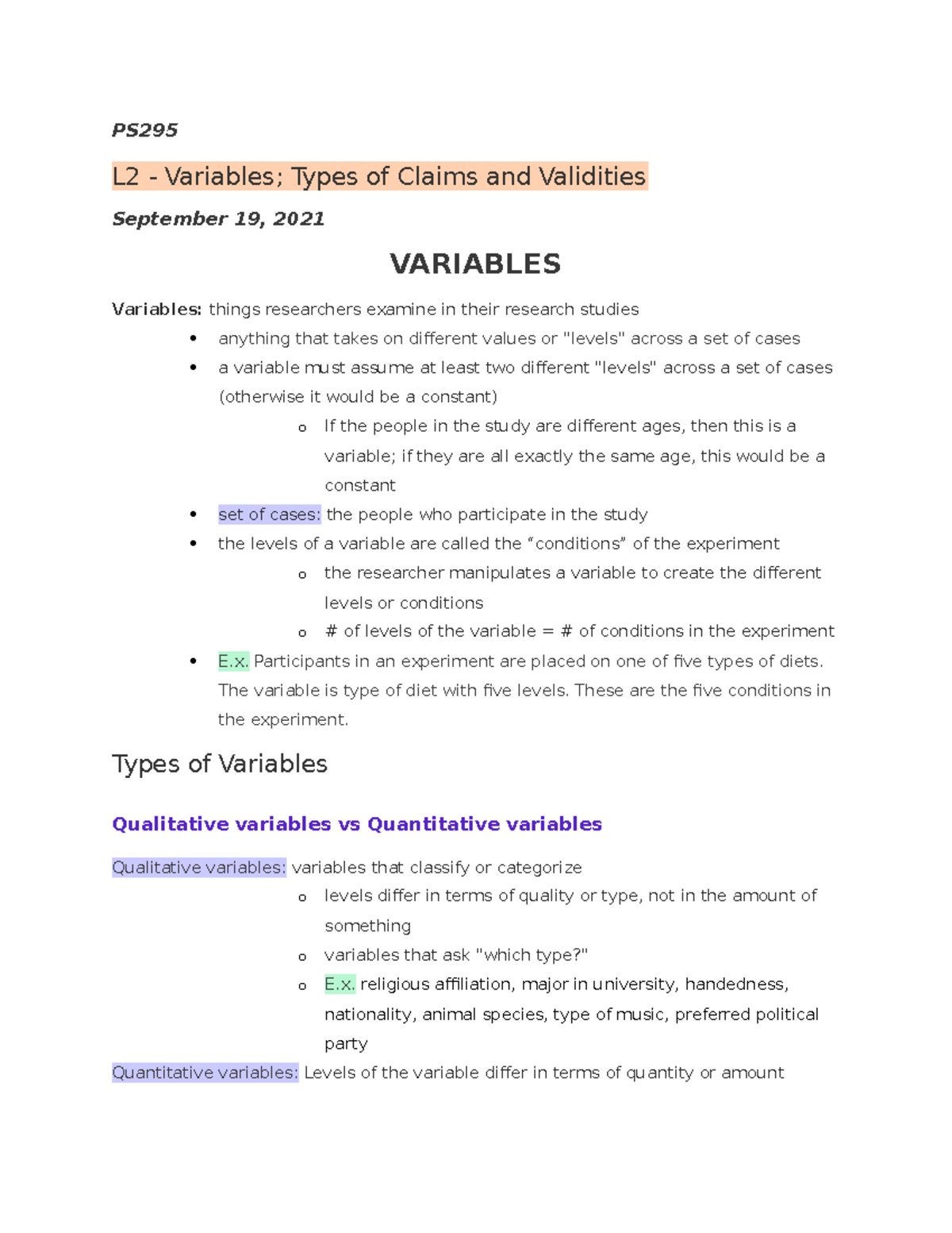Lecture 2 - PS295 CHAPTER 2 NOTES - Variables, Claims and Validities ...