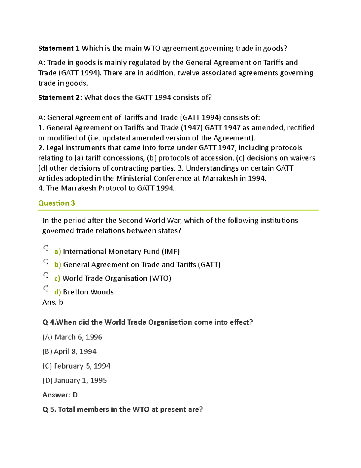 50 MCQ ON TRADE LAW - Statement 1 Which is the main WTO agreement ...