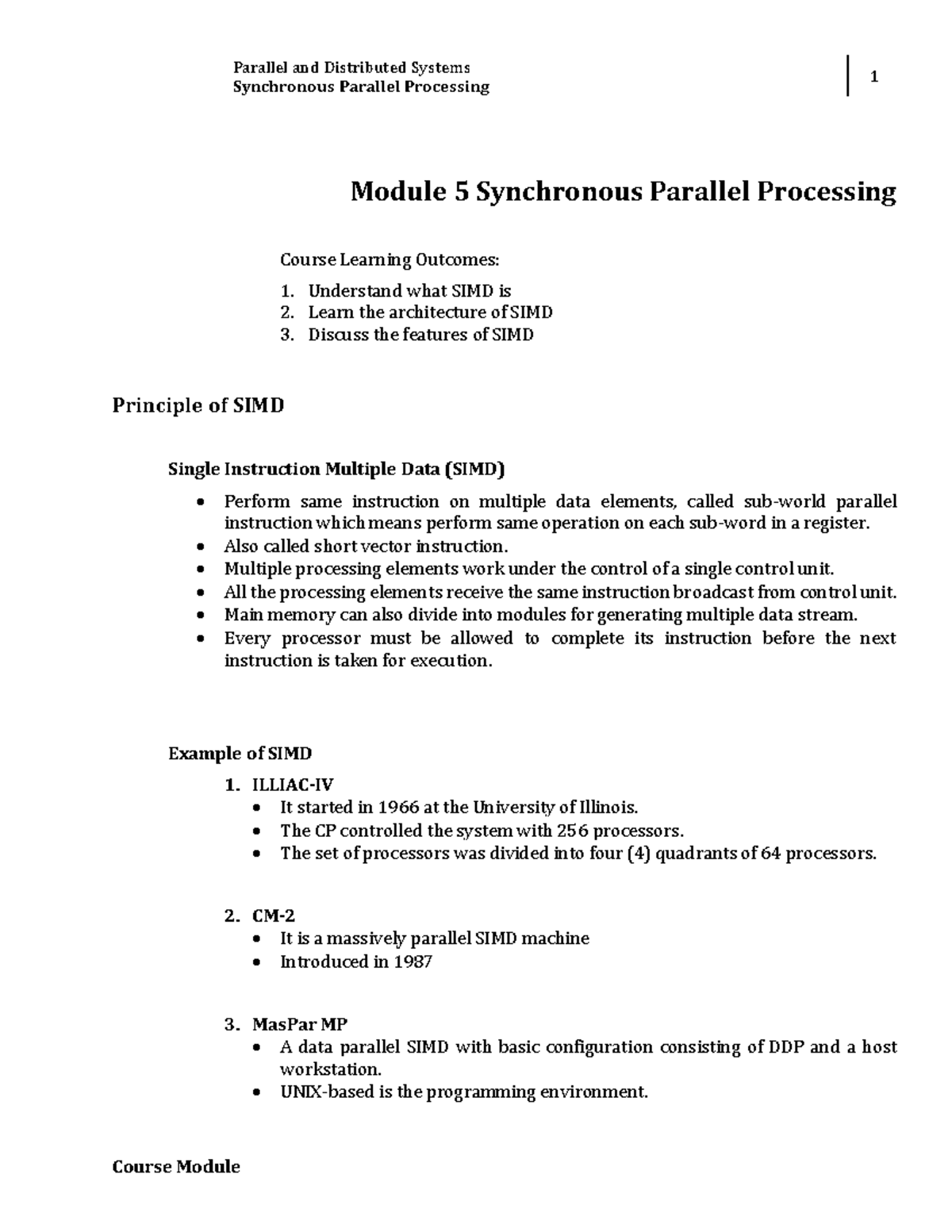 Week 7 Synchronous Parallel Processing Module Parallel And