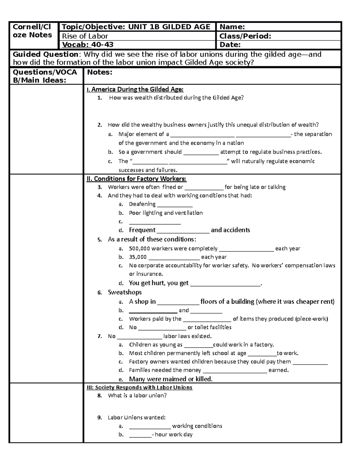 Unit 1B Rise of Labor notes 2020 - Cornell/Cl oze Notes Topic/Objective ...