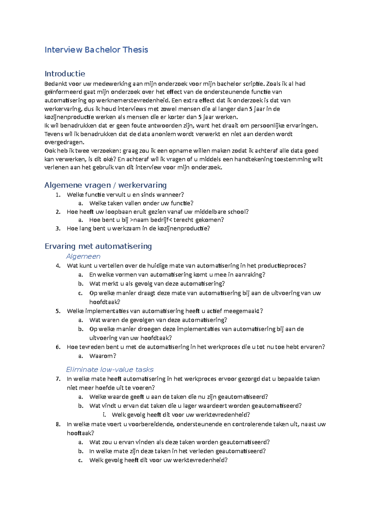 Interviewleidraad Scriptie TM - Interview Bachelor Thesis Introductie ...