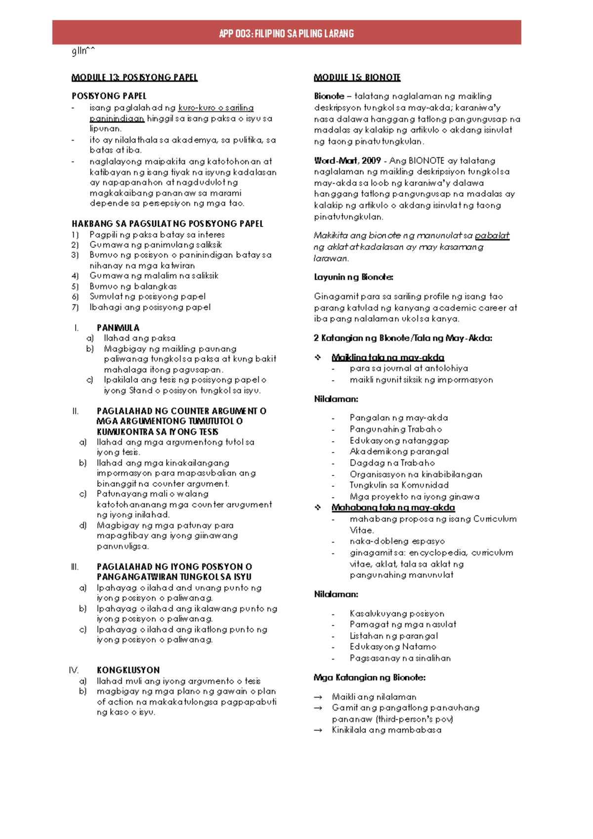 APP-003 4TH-QE Reviewer - glln^^ MODULE 13: POSISYONG PAPEL POSISYONG PAPEL isang paglalahad ng ...