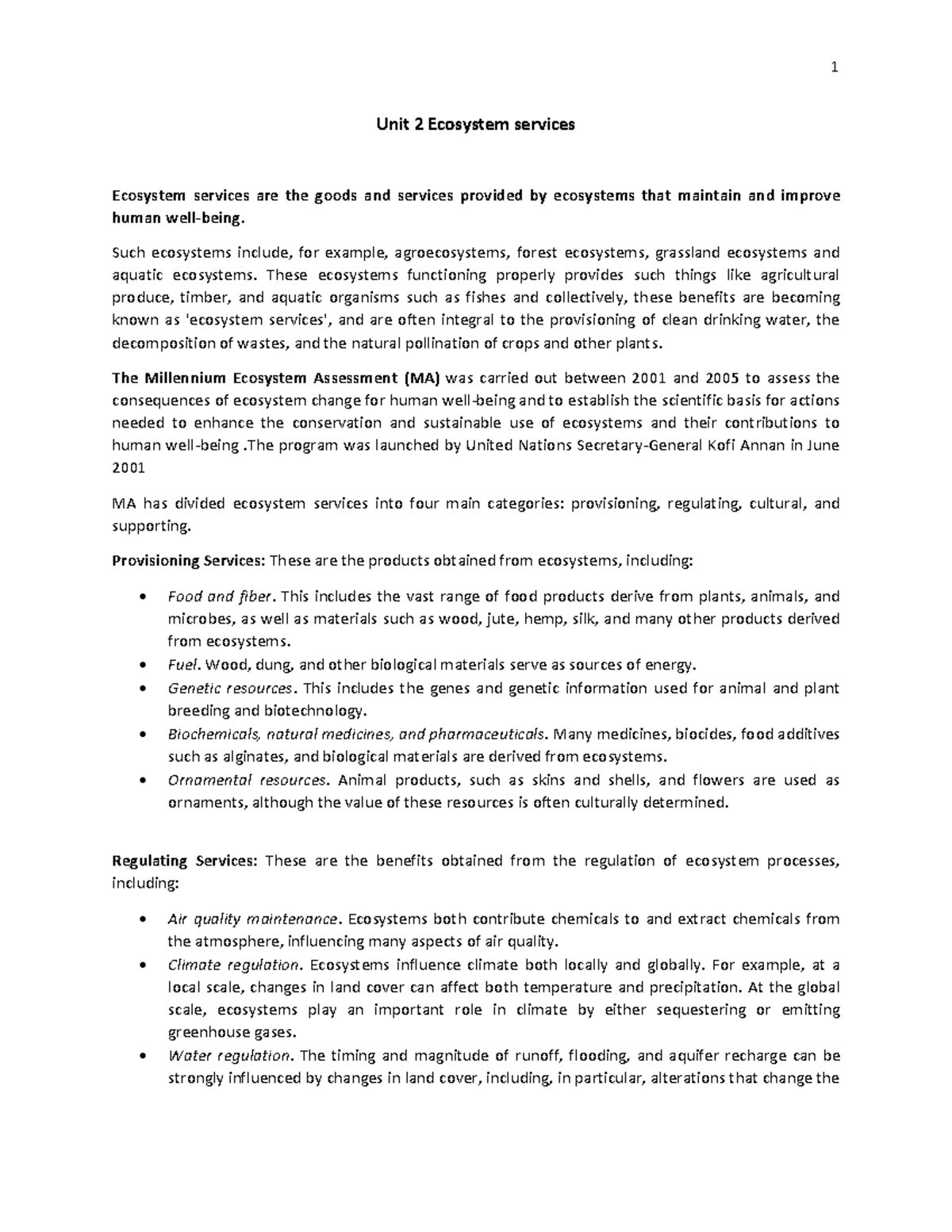 Unit 2 Ecosystem Services Unit 2 Ecosystem Services Ecosystem