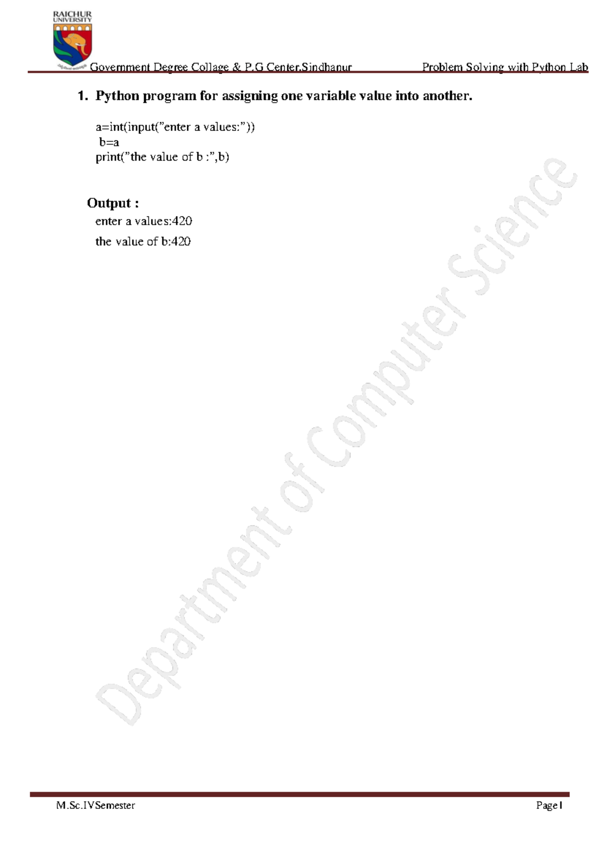 Python Lab - computer science - 1. Python program for assigning one variable value into another ...