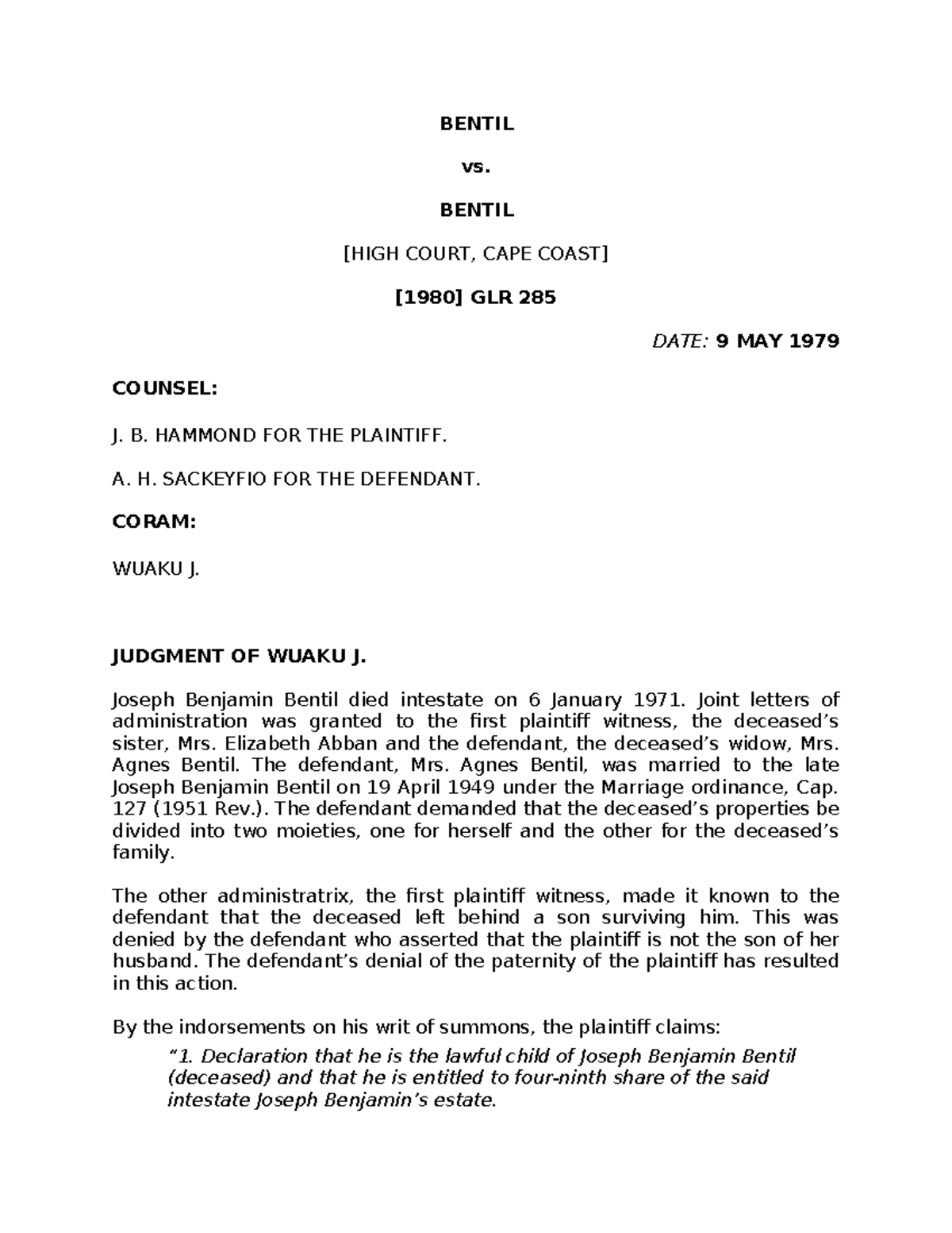 Bentilvs. Bentil - case - BENTIL vs. BENTIL [HIGH COURT, CAPE COAST ...