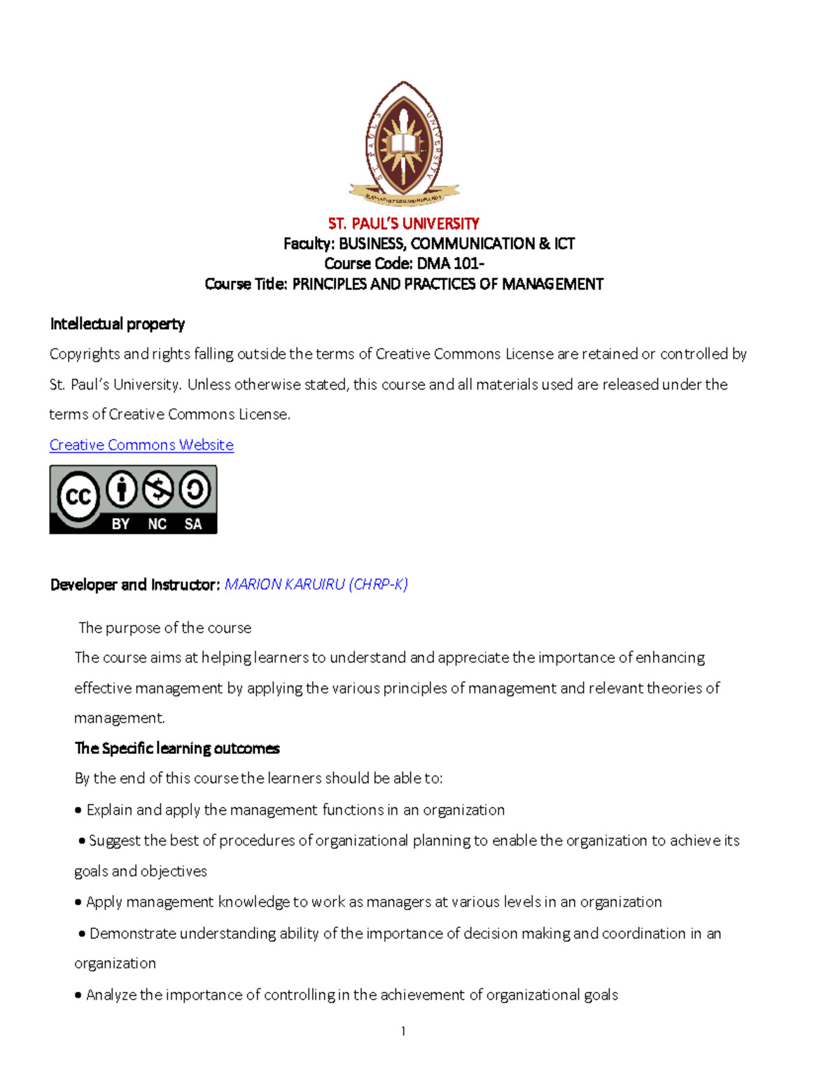 DMA 101- Principles Practices OF Management Course Outline.doc - S . T ...