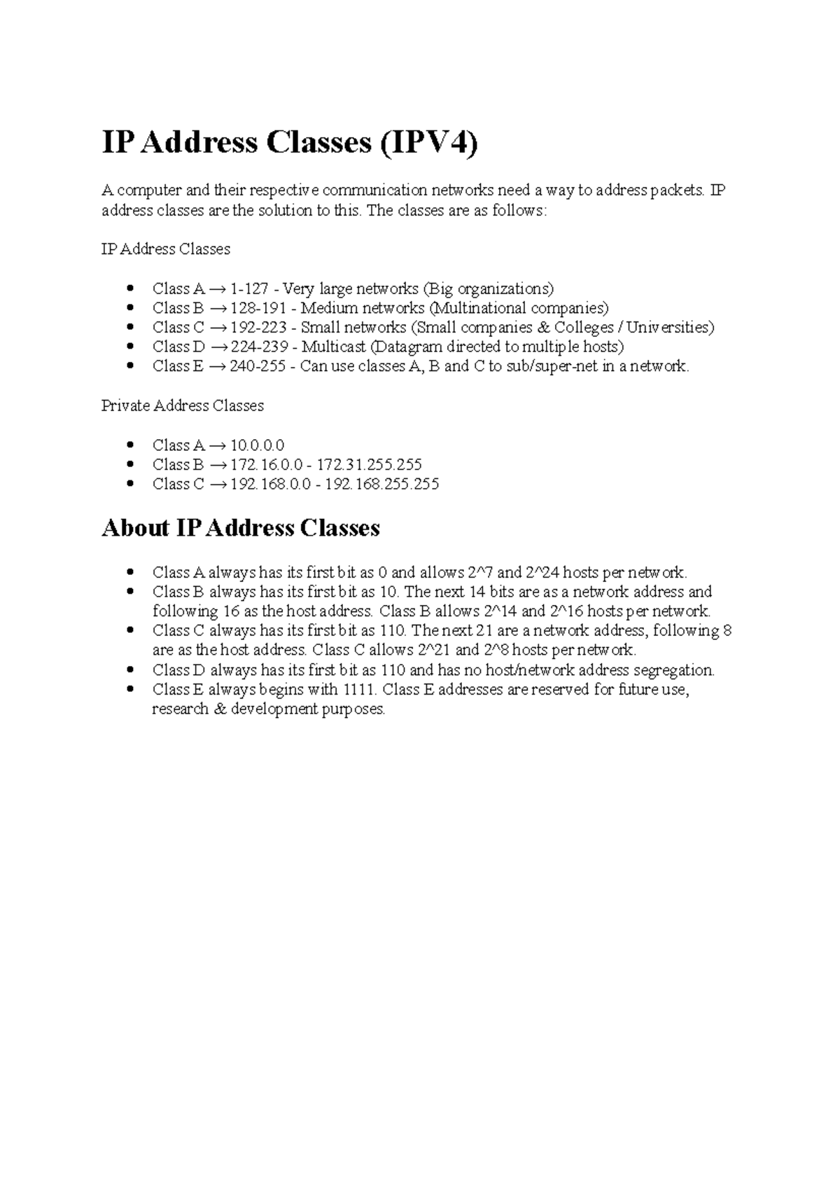 IP Address Classes- Lecture Notes - IP Address Classes (IPV4) A ...