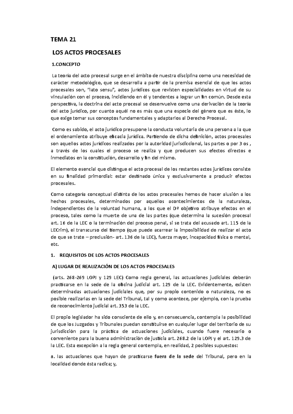 Tema 21 los actos procesales - TEMA 21 LOS ACTOS PROCESALES 1 La teoría ...