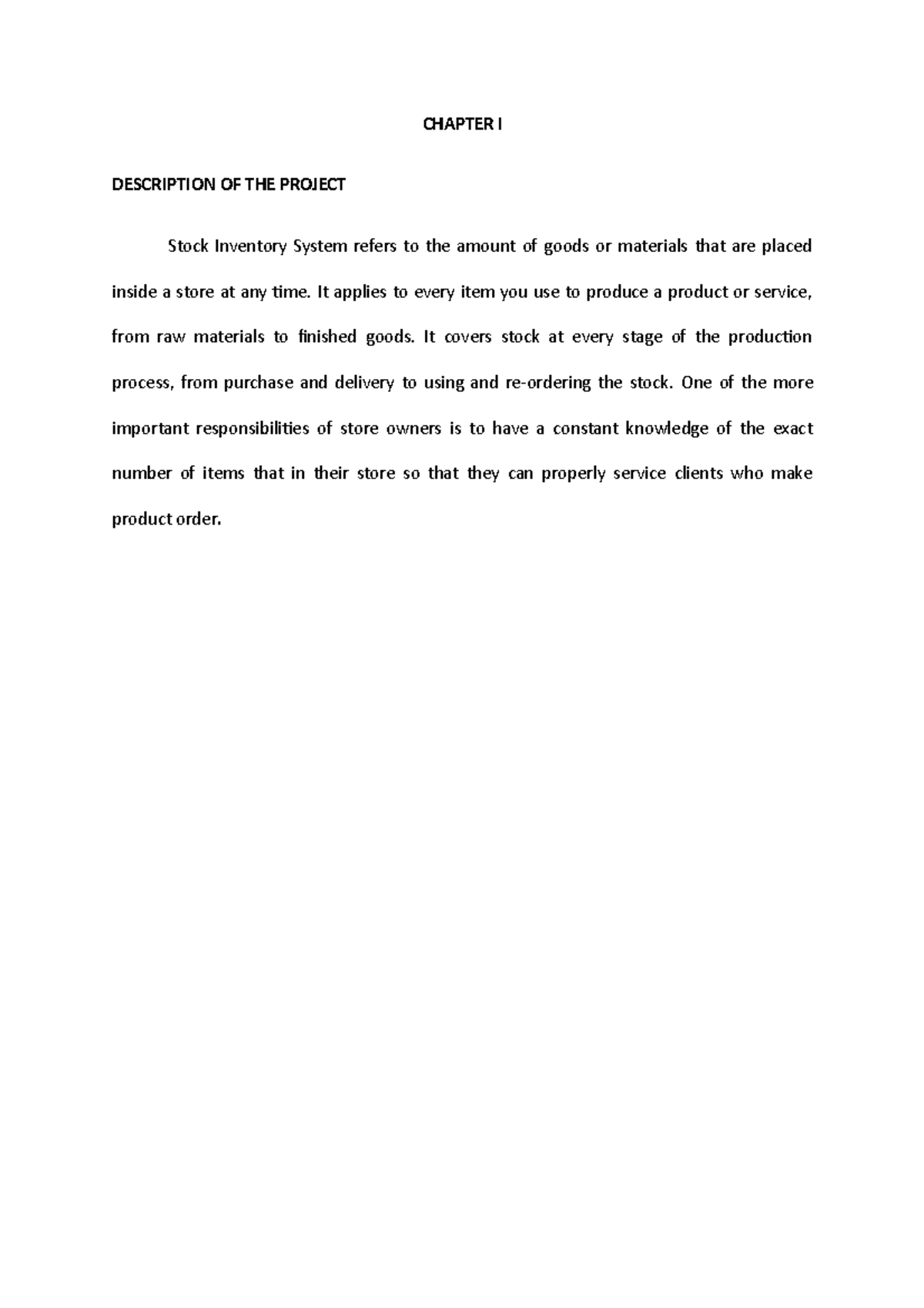 Stock Inventory System - CHAPTER I DESCRIPTION OF THE PROJECT Stock ...