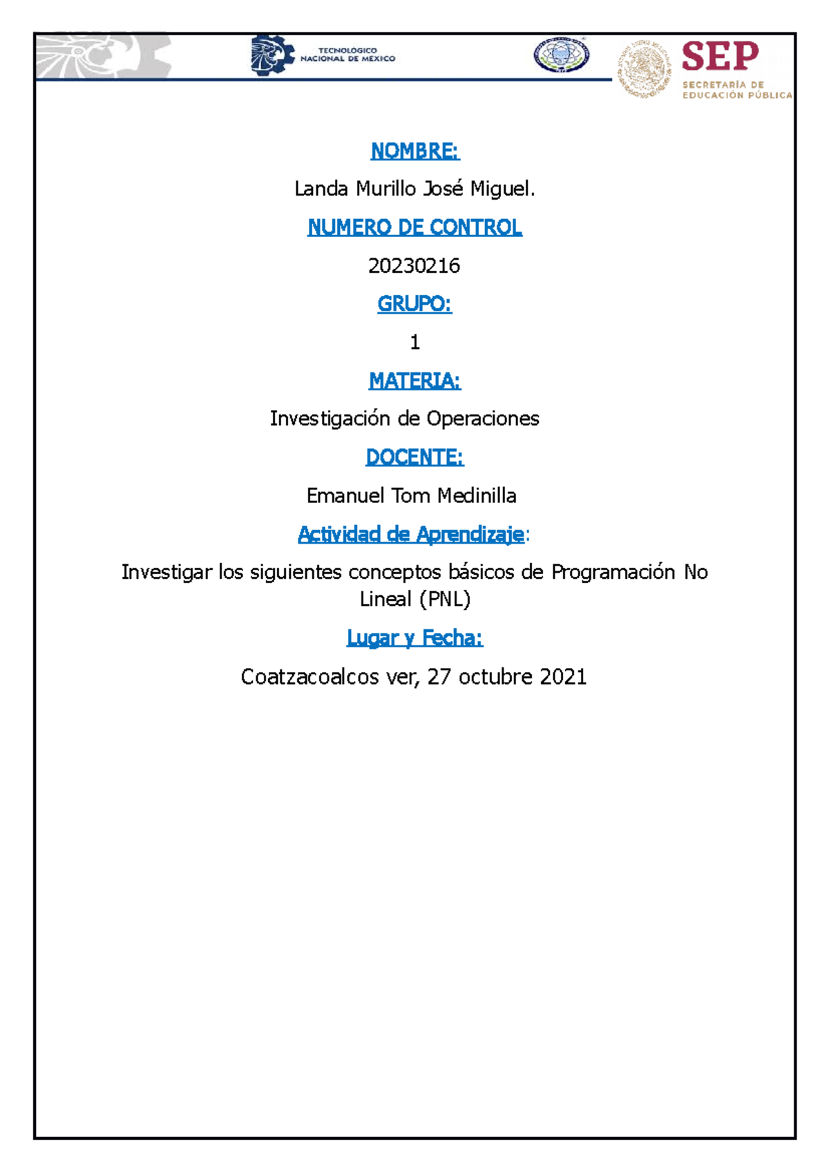 Conceptos básicos programación no lineal - NOMBRE: Landa Murillo José ...