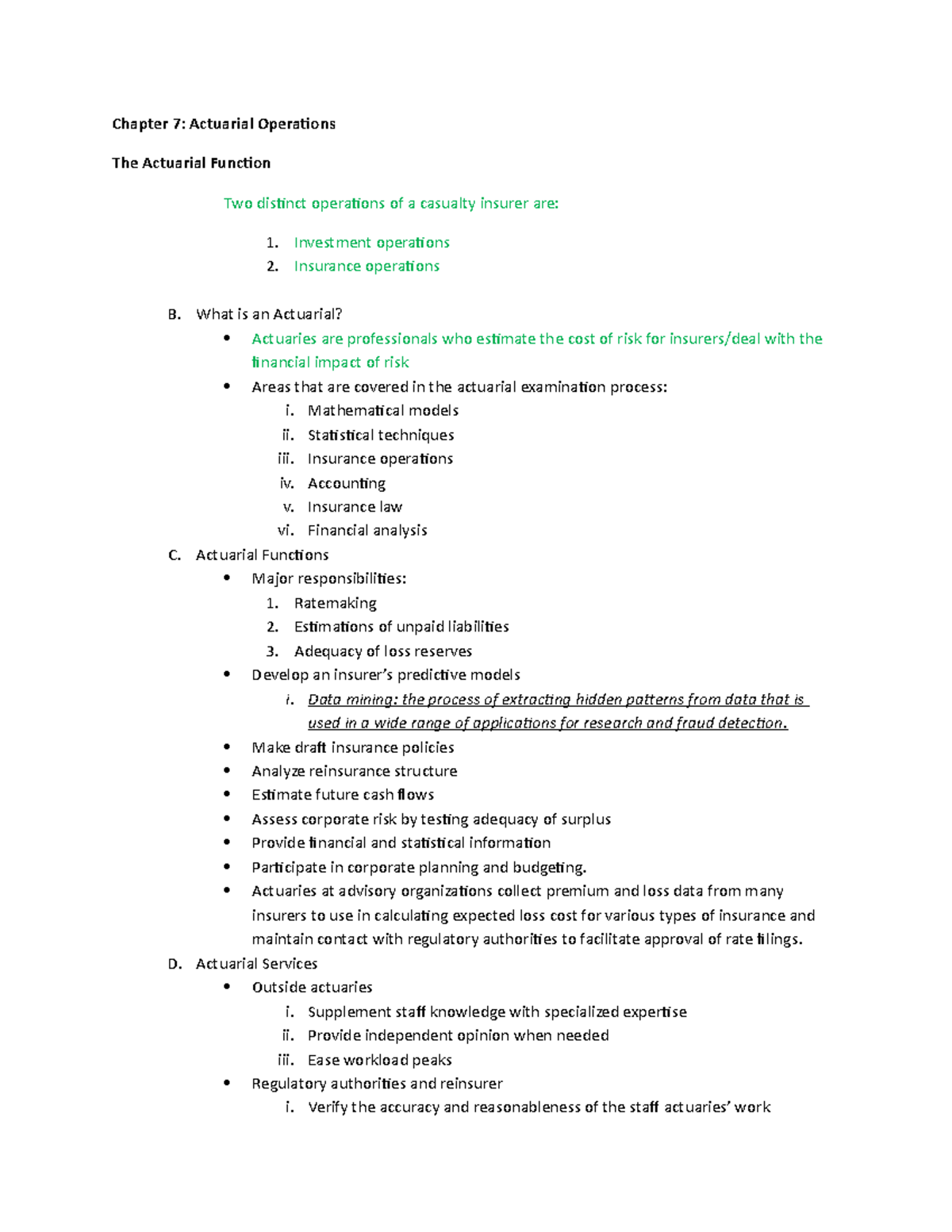 Chapter 7 - Chapter 7: Actuarial Operations The Actuarial Function Two ...