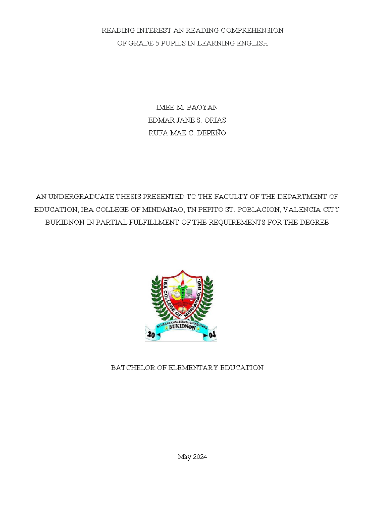 Cover TO Abstract - READING INTEREST AN READING COMPREHENSION OF GRADE ...
