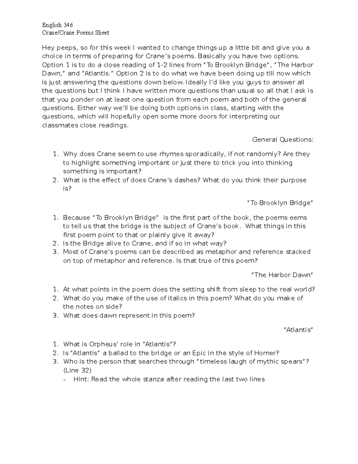 Crane poems question sheet - English 346 Poems Sheet Hey peeps, so for ...