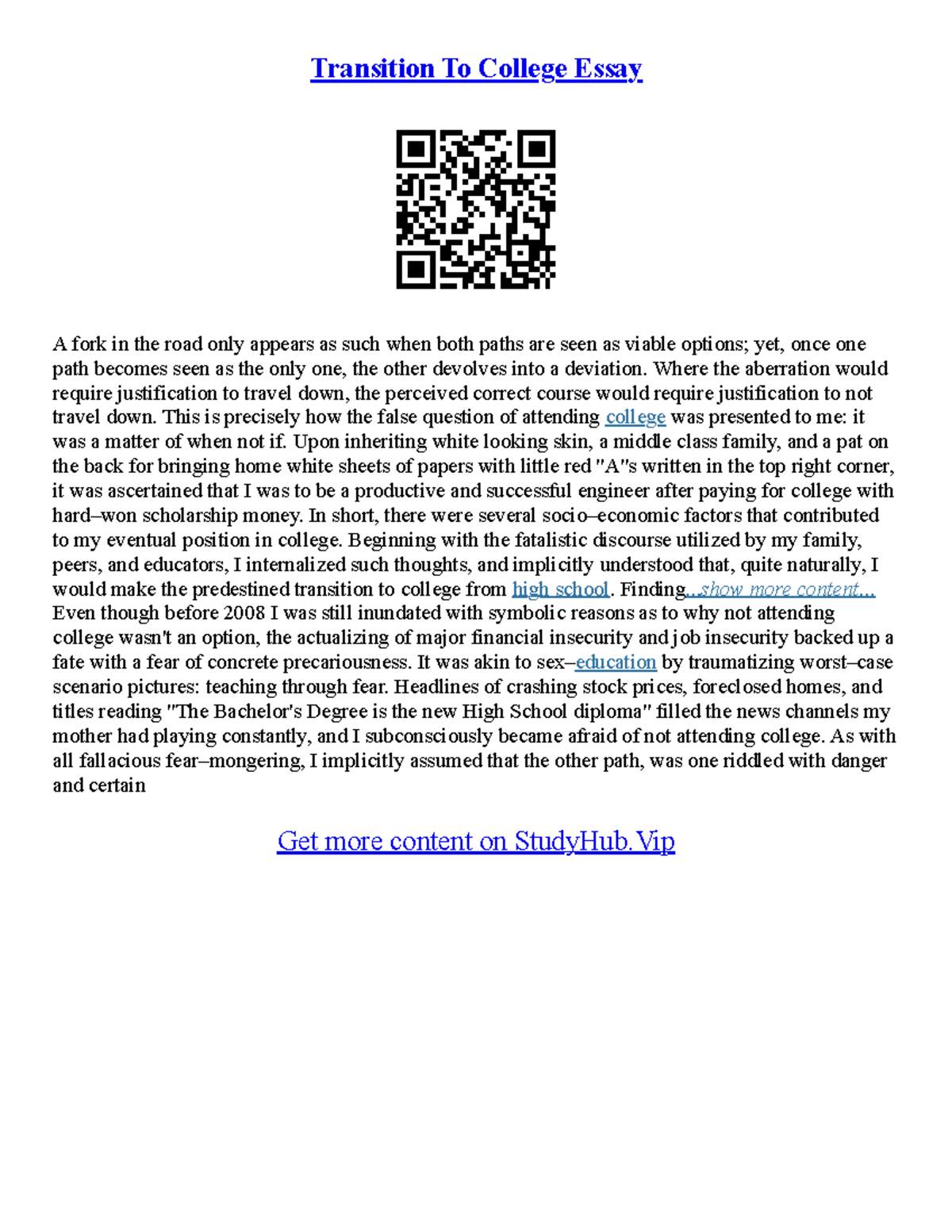 Transition In Essay - Transition To College Essay A fork in the road ...