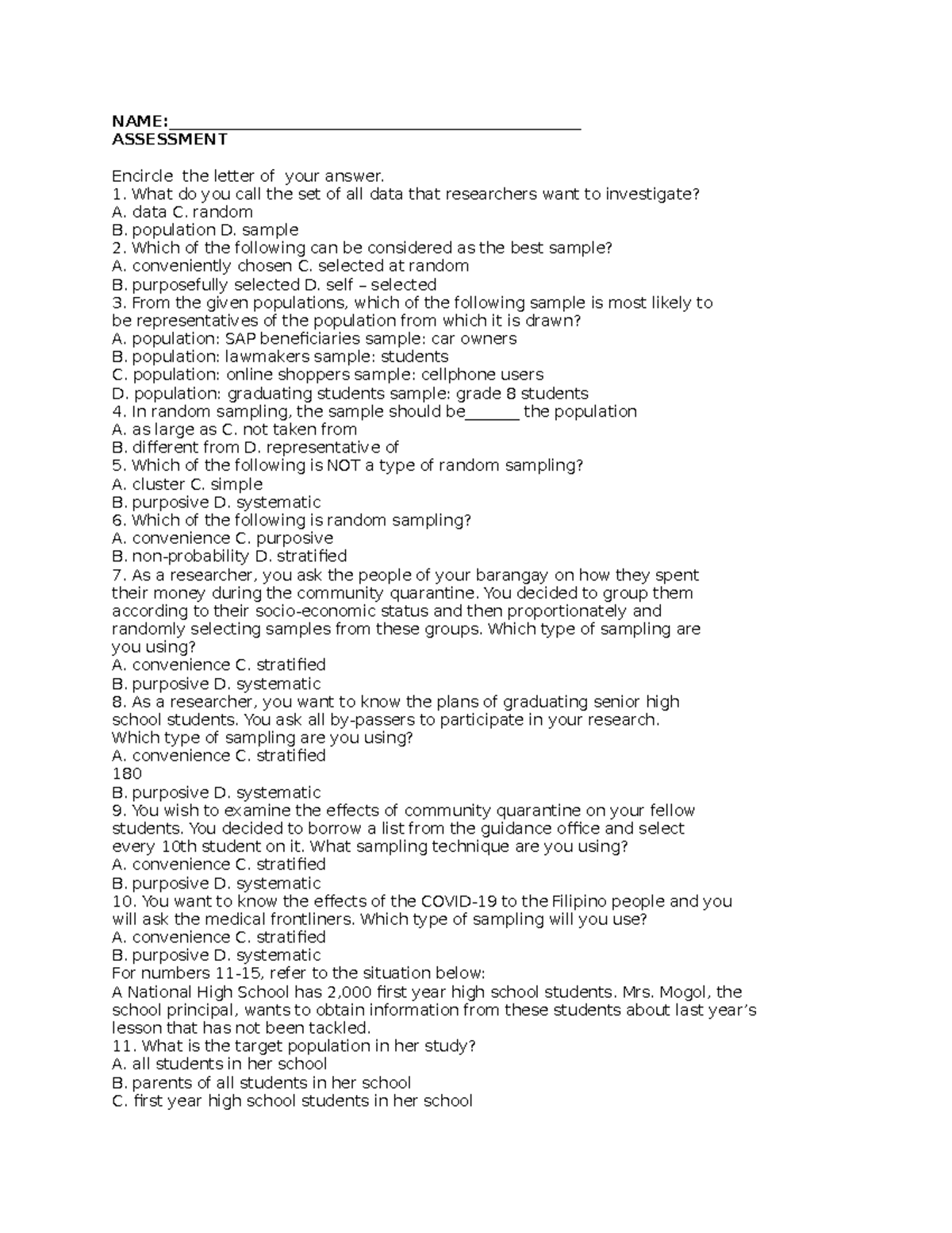 Assessment in Random Sampling Techniques - - Studocu