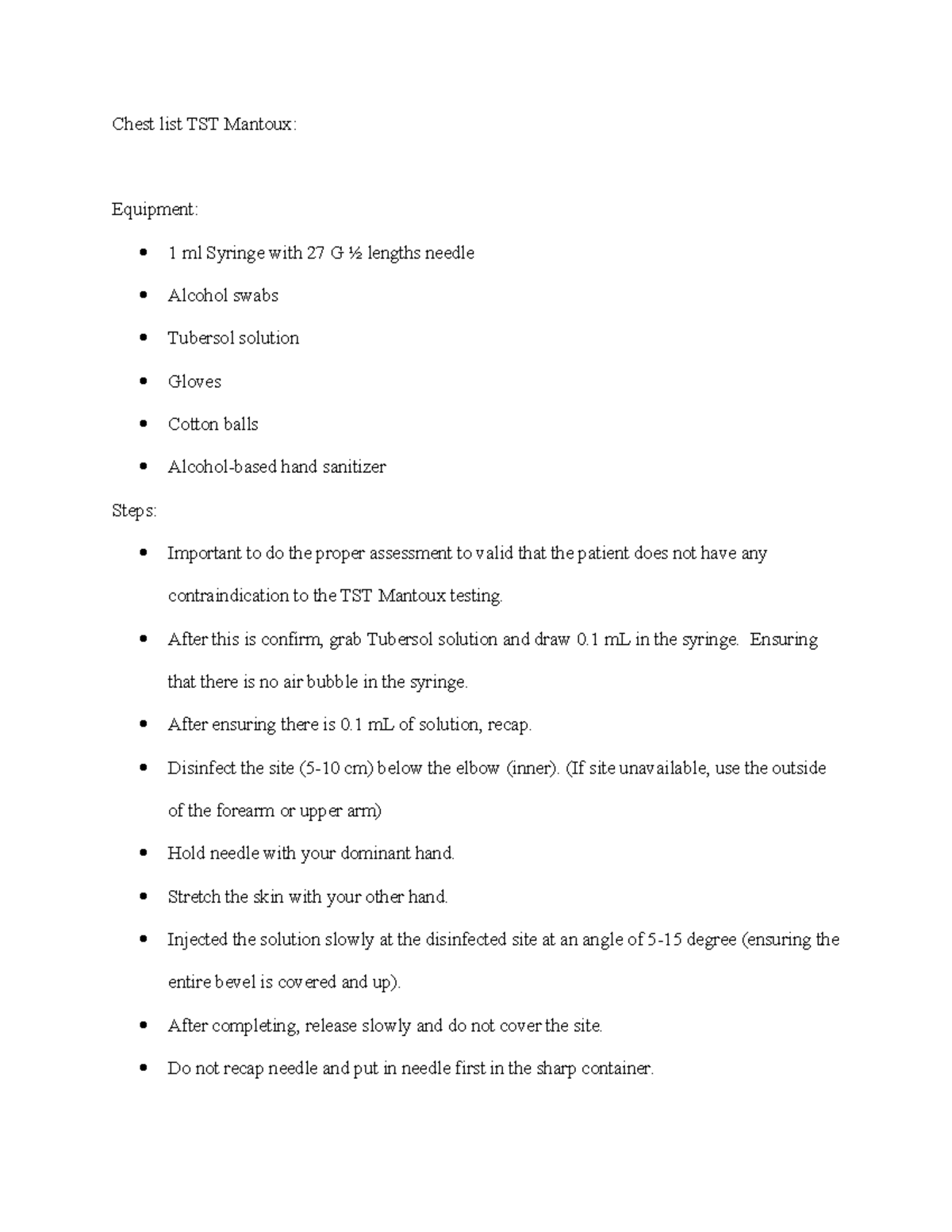 Chest list TST Mantoux - Chest list TST Mantoux: Equipment: 1 ml ...