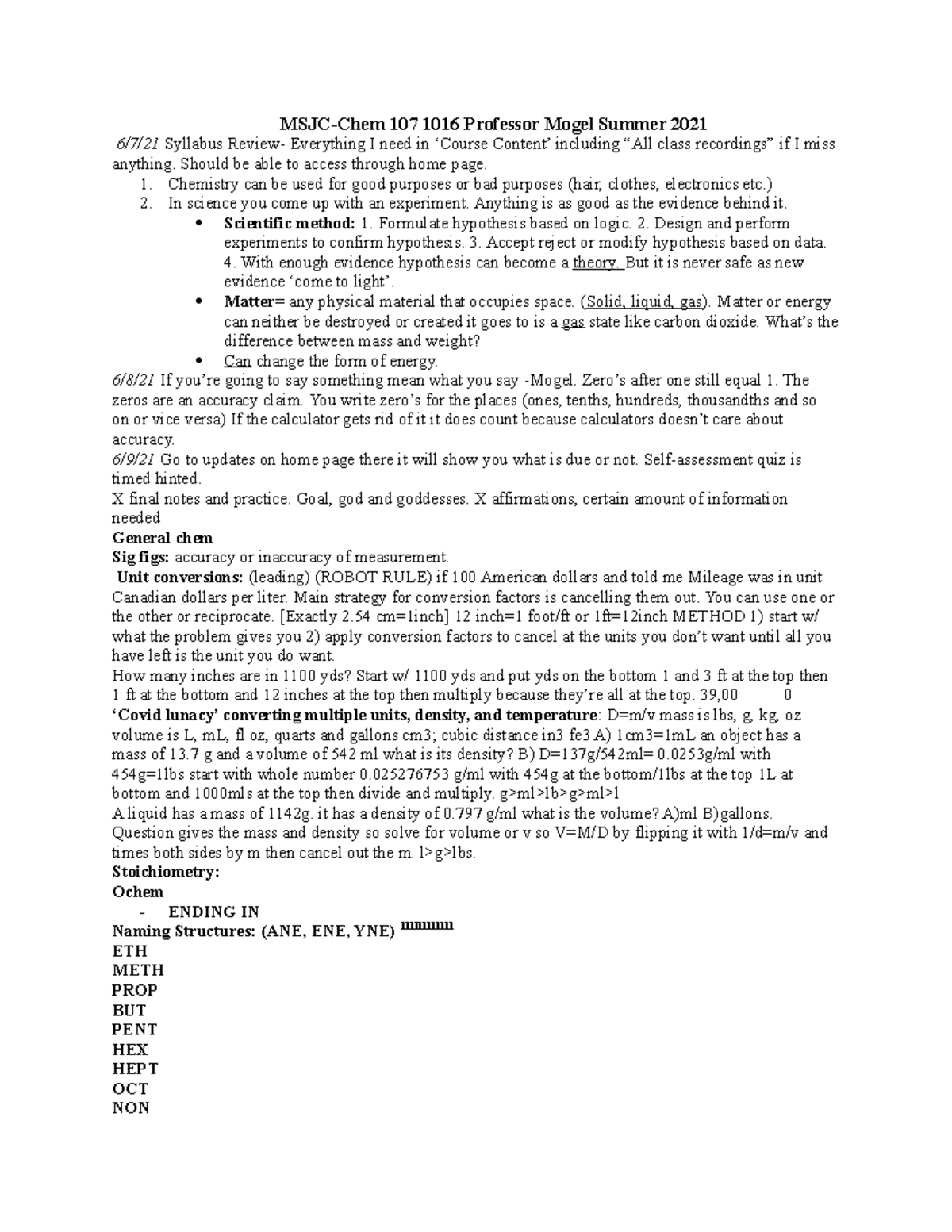Chem 107 Lecture lab notes - MSJC-Chem 107 1016 Professor Mogel Summer ...