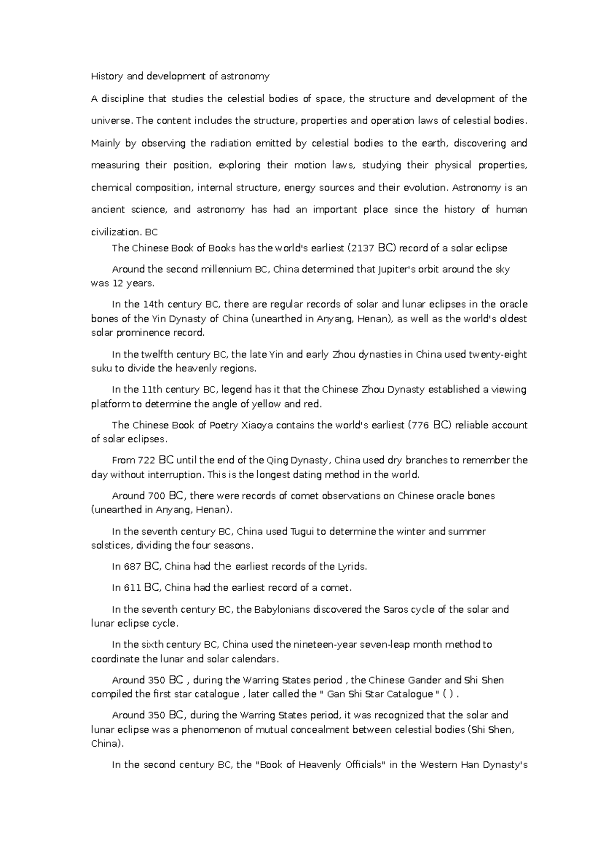 History and development of astronomy - The content includes the ...