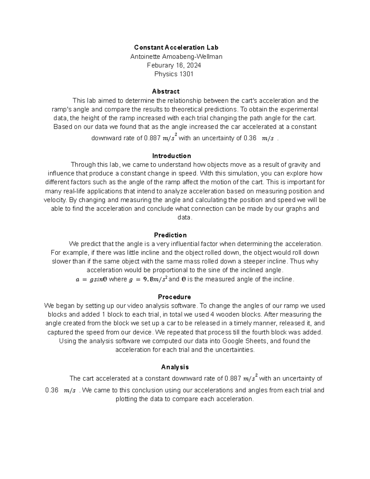 Constant Acceleration Lab - Constant Acceleration Lab Antoinette ...