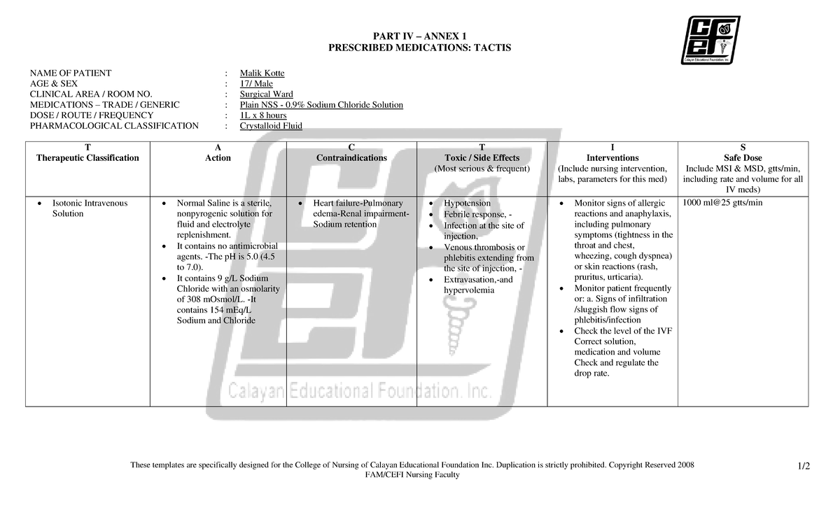 Drug Study Surgery Ward Yao - PRESCRIBED MEDICATIONS: TACTIS These ...