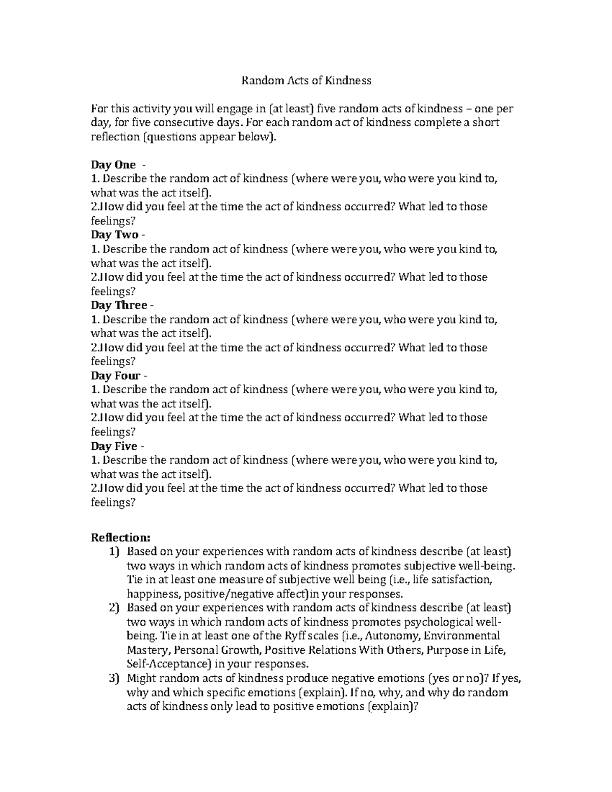 Random Acts of Kindness - For each random act of kindness complete a ...