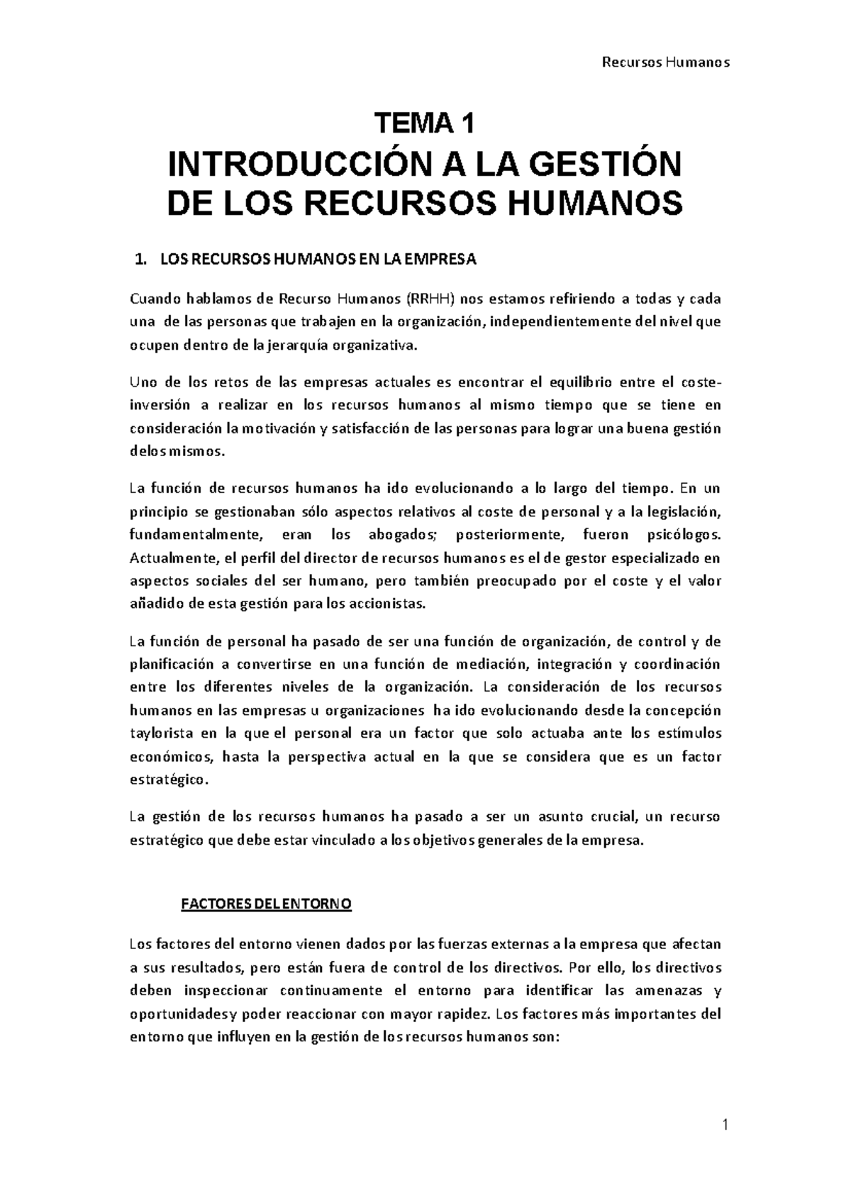 TEMA 1 RRHH - TEMA 1 - TEMA 1 INTRODUCCIÓN A LA GESTIÓN DE LOS RECURSOS HUMANOS 1. LOS RECURSOS ...