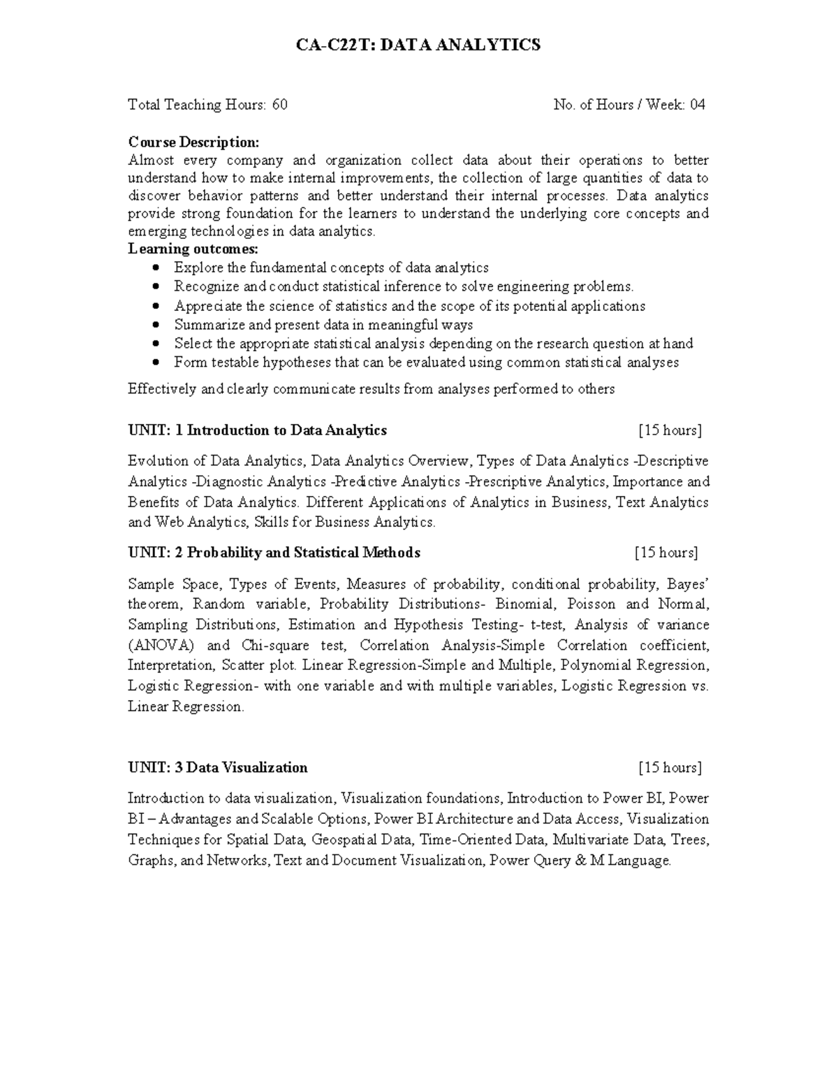 Data Analytics Syllabus BCA - CA-C22T: DATA ANALYTICS Total Teaching ...