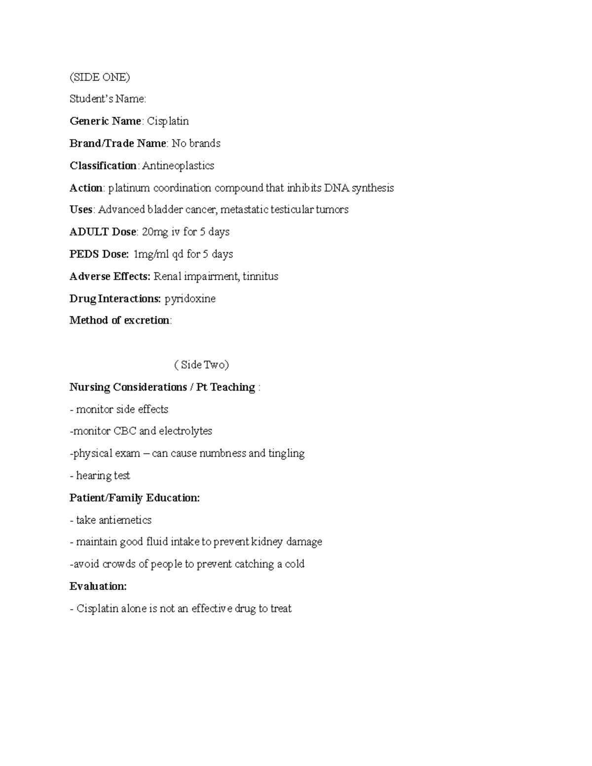 Med card - cisplatin - medication card - (SIDE ONE) Student’s Name ...