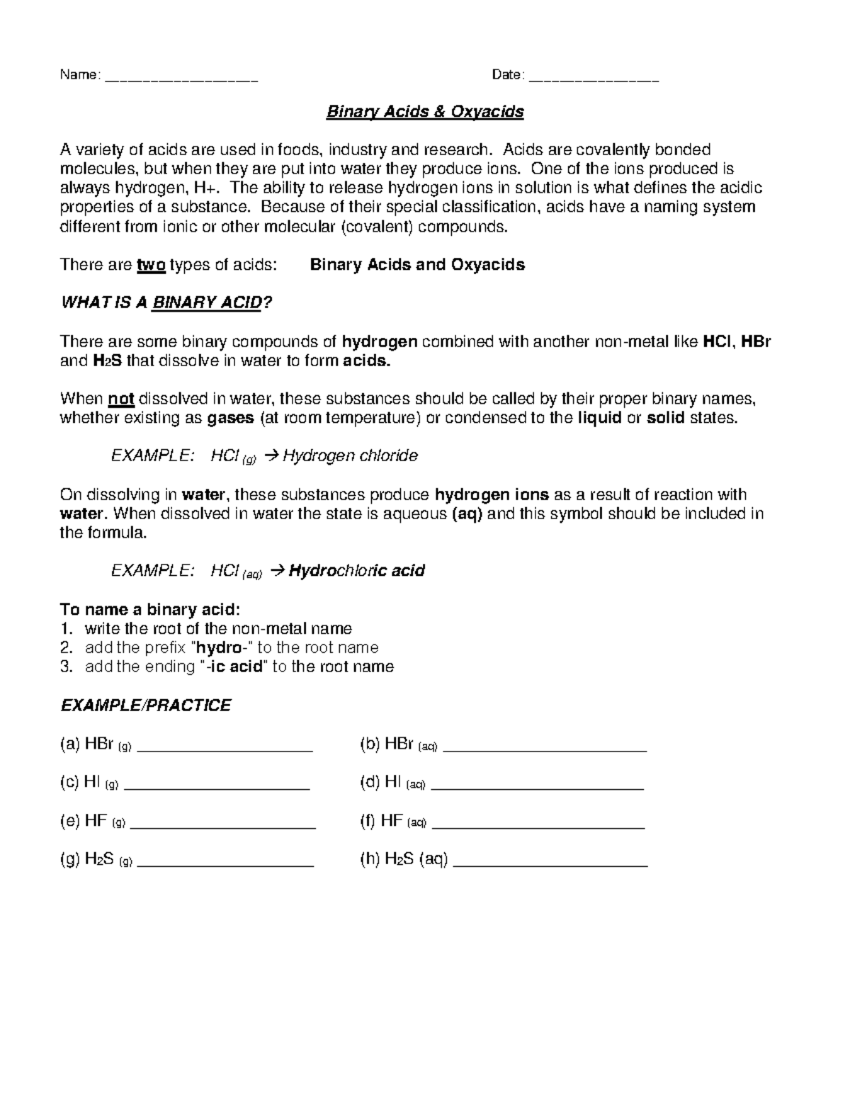 9 - Binary Acids & Oxyacids Note - Name: ____________________ Date ...