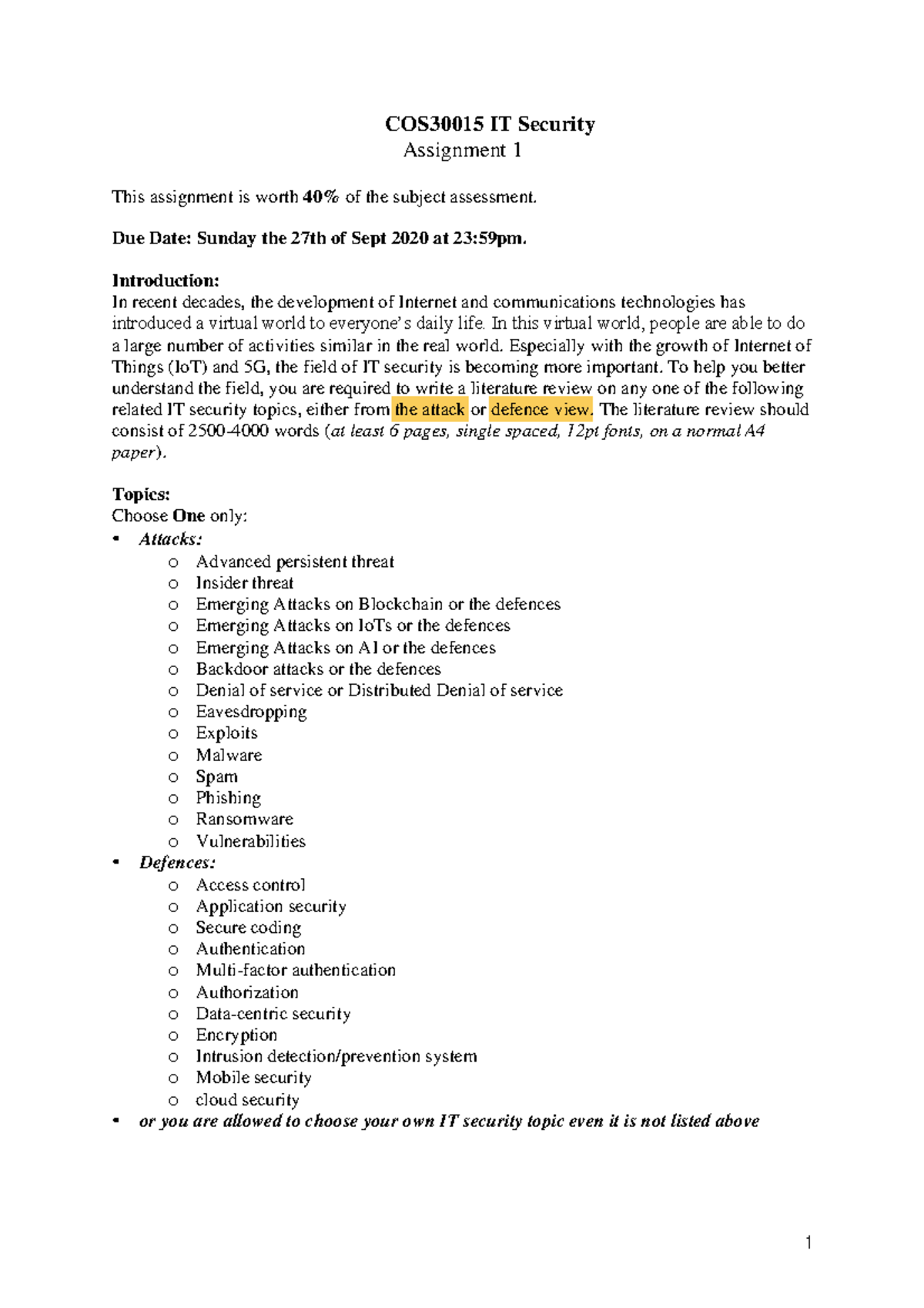 COS30015-Assignment 1-2020 - 1 COS30015 IT Security Assignment 1 This assignment is worth 40% of ...