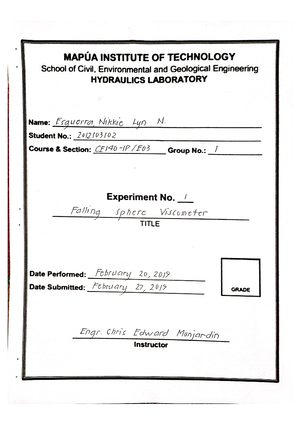 Experiment 3 - Hydrostatic Force on Plane Surface - Mechanics of Fluids ...