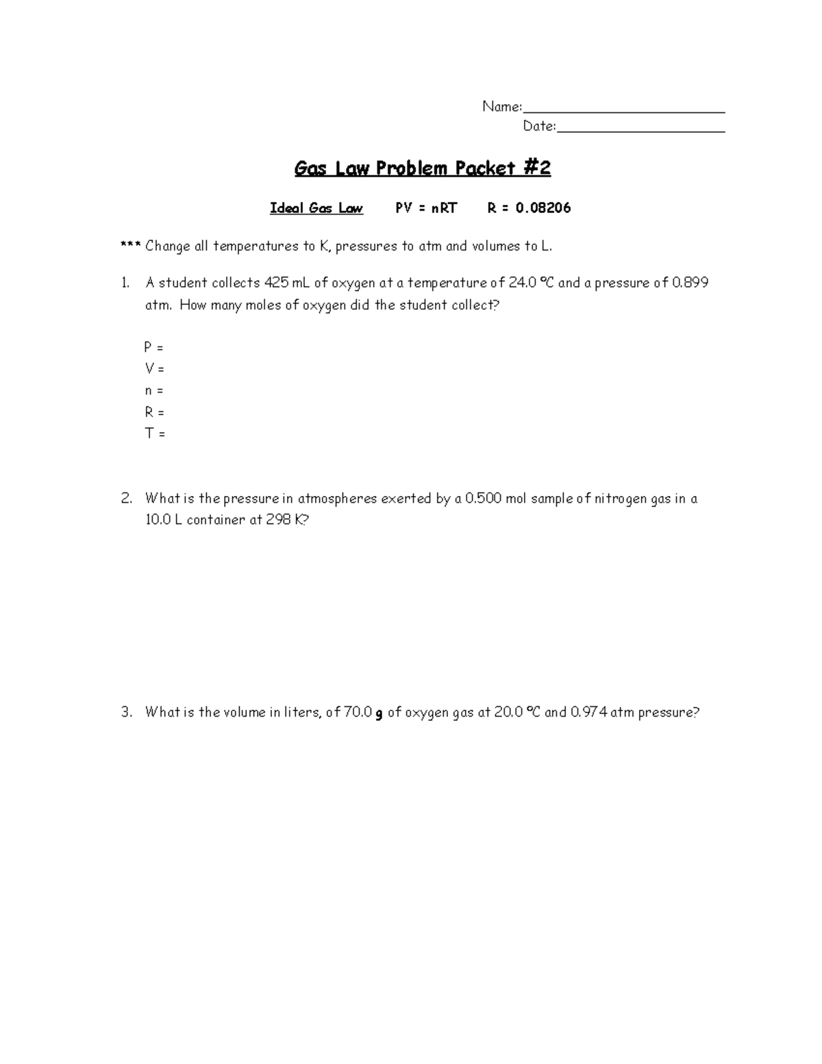 Gas law problem packet 2 - Name:________________________ Date ...