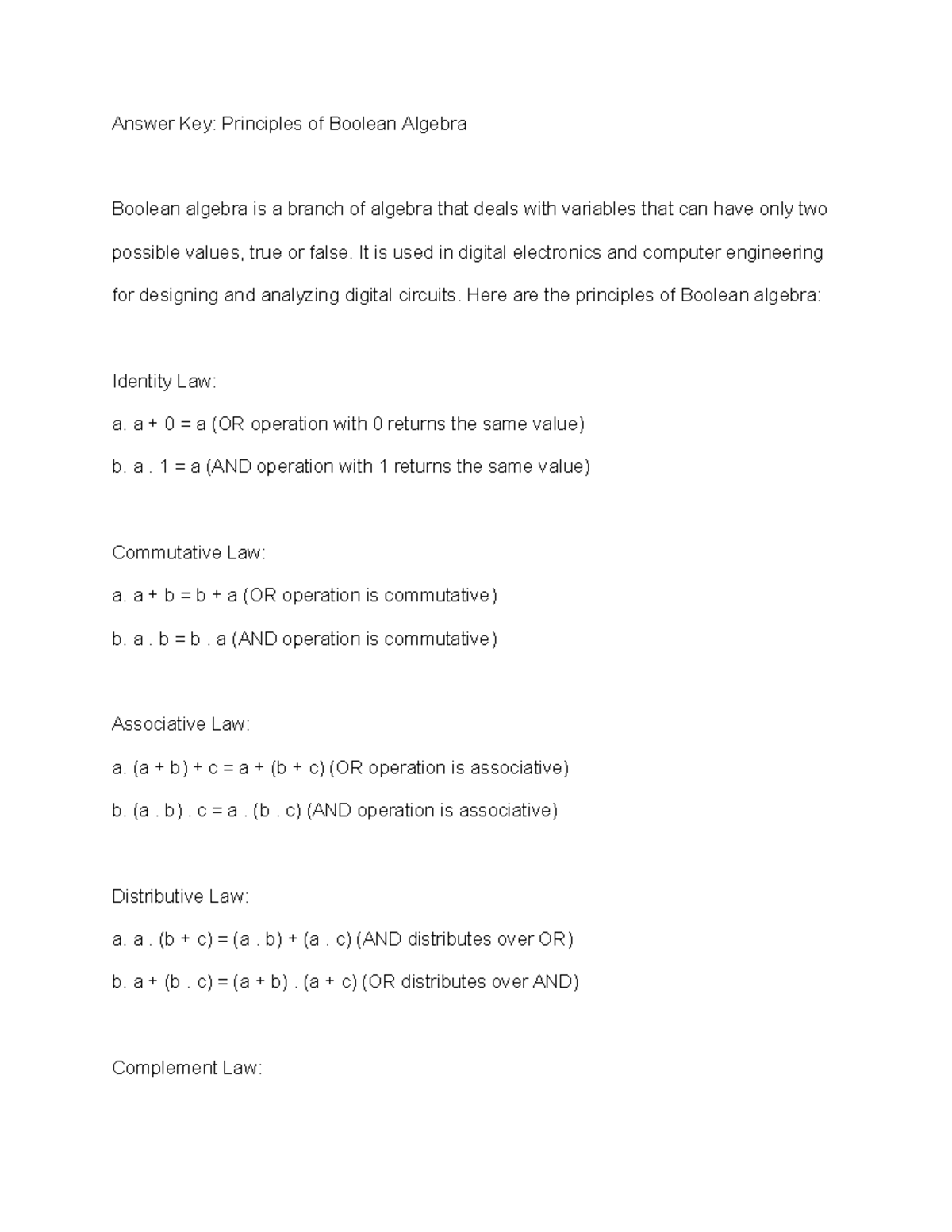 Answer Key Principles of Boolean Algebra - Answer Key: Principles of ...
