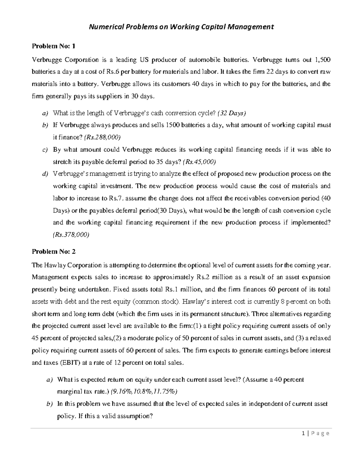 Numerical on Working capital - Problem No: 1 Verbrugge Corporation is a ...
