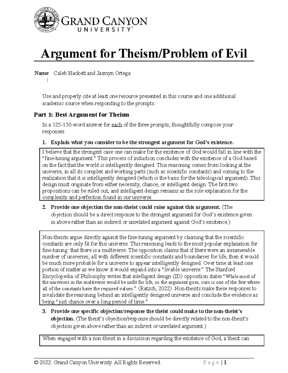 PHI-103- Argument for Theism - Argument for Theism/Problem of Evil Name ...