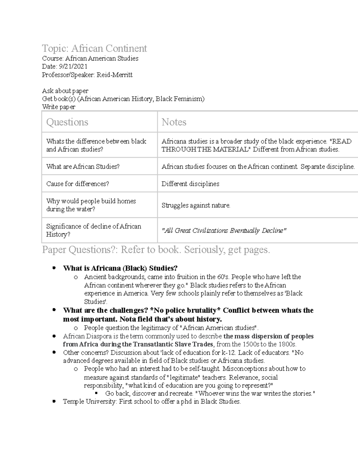 Introduction to Africana Studies Notes 9/21/21 - Topic: African ...