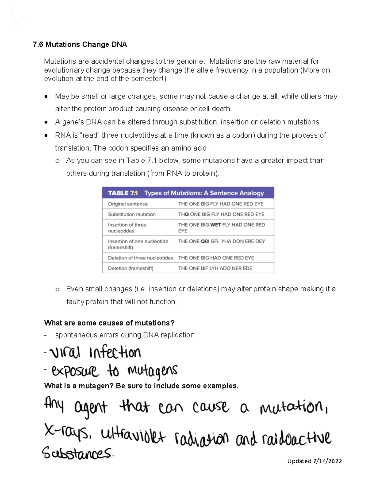DNA sctructure and gene function - Updated 7/14/ 7 Mutations Change DNA ...